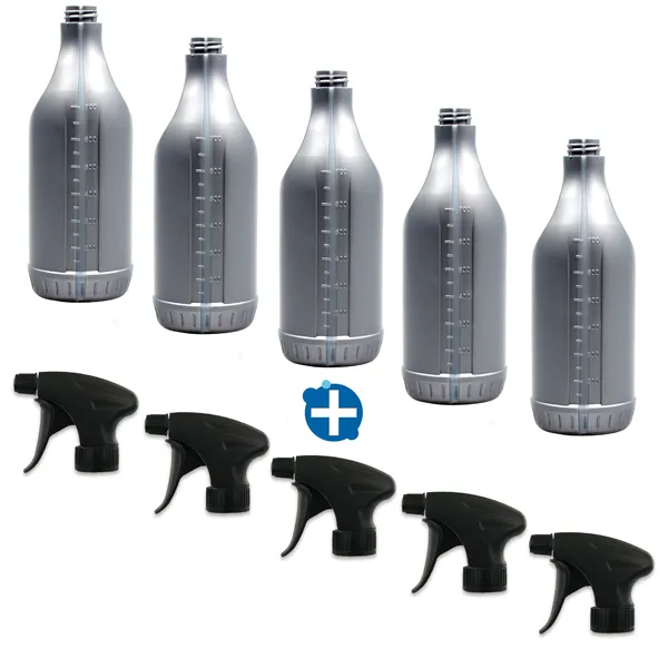 5 Sprühflaschen grau 750 ml & Duraspray Sprühköpfen schwarz